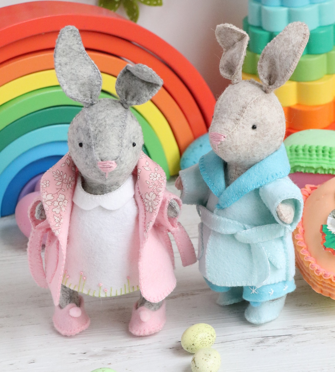 Felt Bunny Sewing Pattern – Hand-sewn Rabbits in Pajamas & Dressing ...