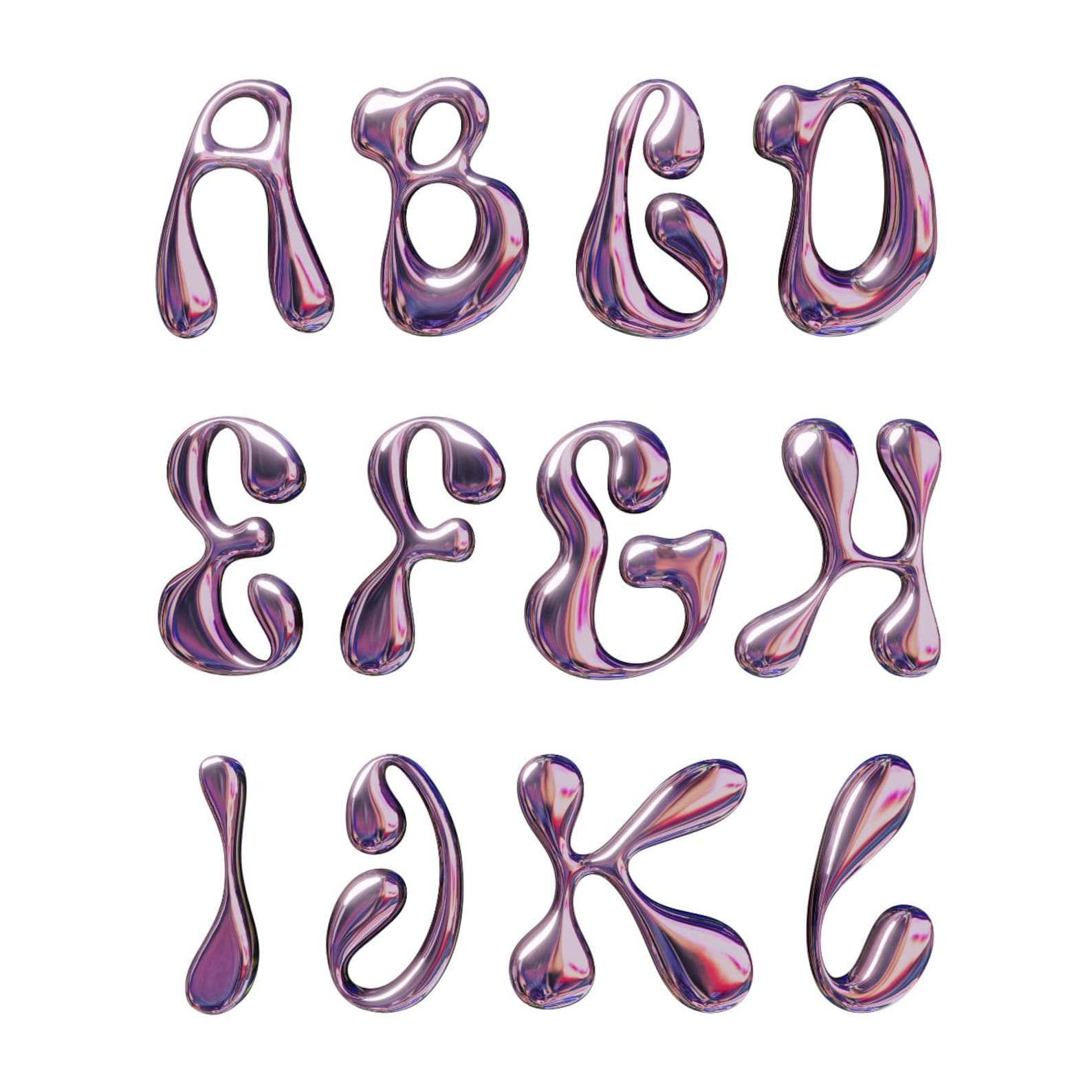 3D Wubbly Bubbly Liquid Chrome Font Clipart PNG Letter Bundle Set ...