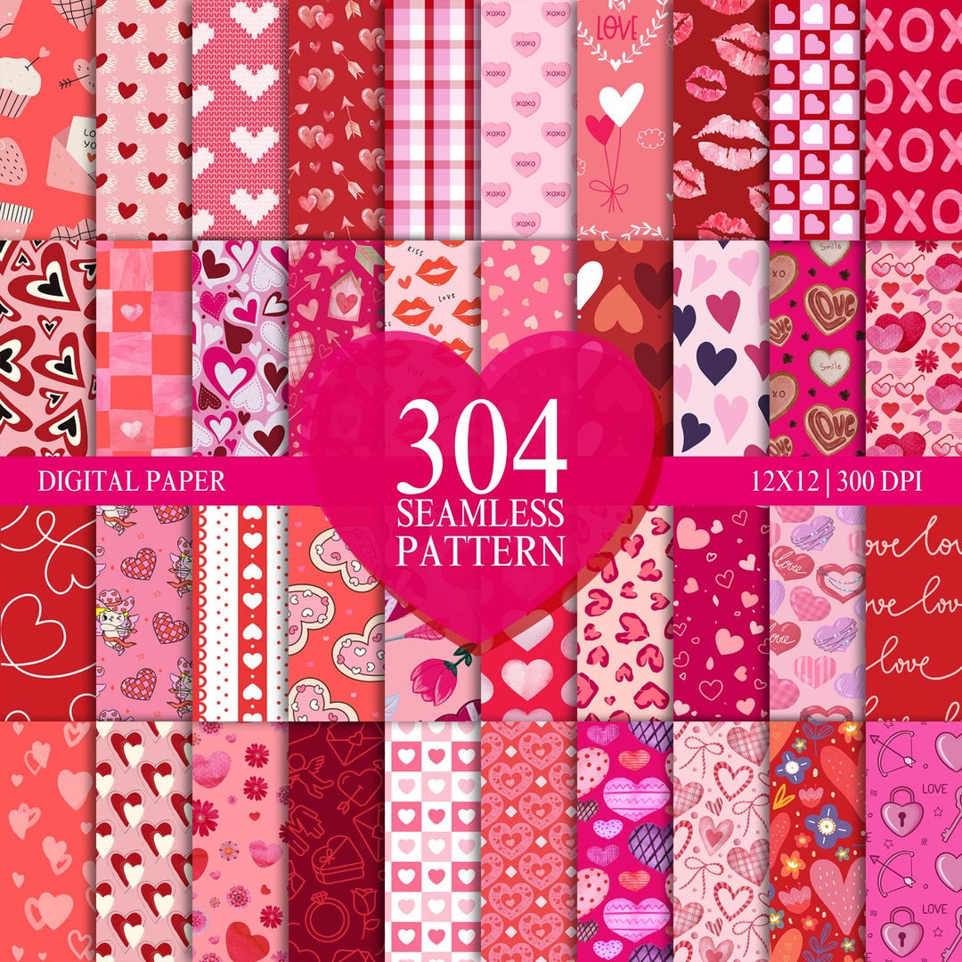 304 Love Valentines Day Theme Digital Papers Seamless Scrapbooking Red ...