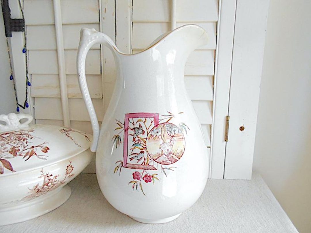 Large Ironstone Pitcher 12 Aesthetic Movement Brown Transferware Deer ...