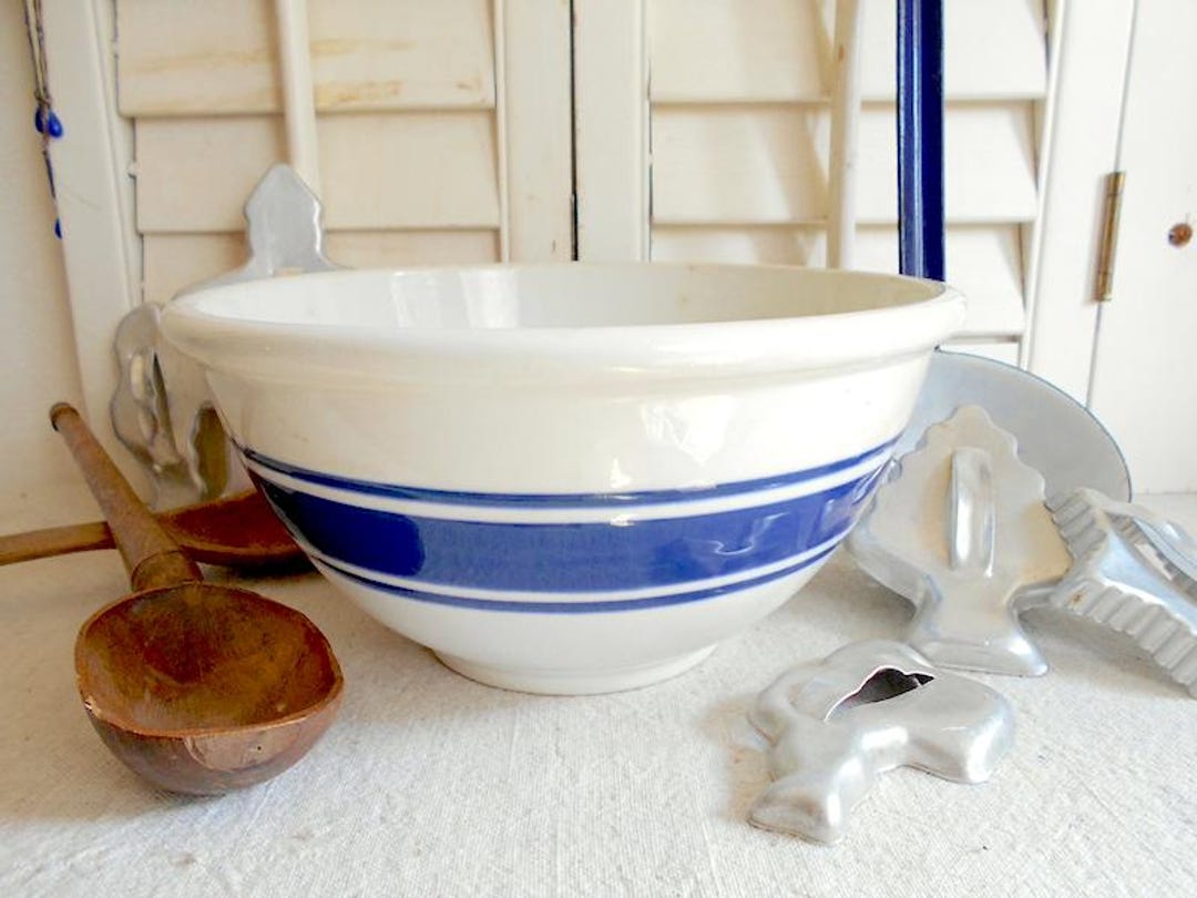 Antique Blue Stripe White Mixing Bowl Crock Serving Bowl Weller Pottery ...