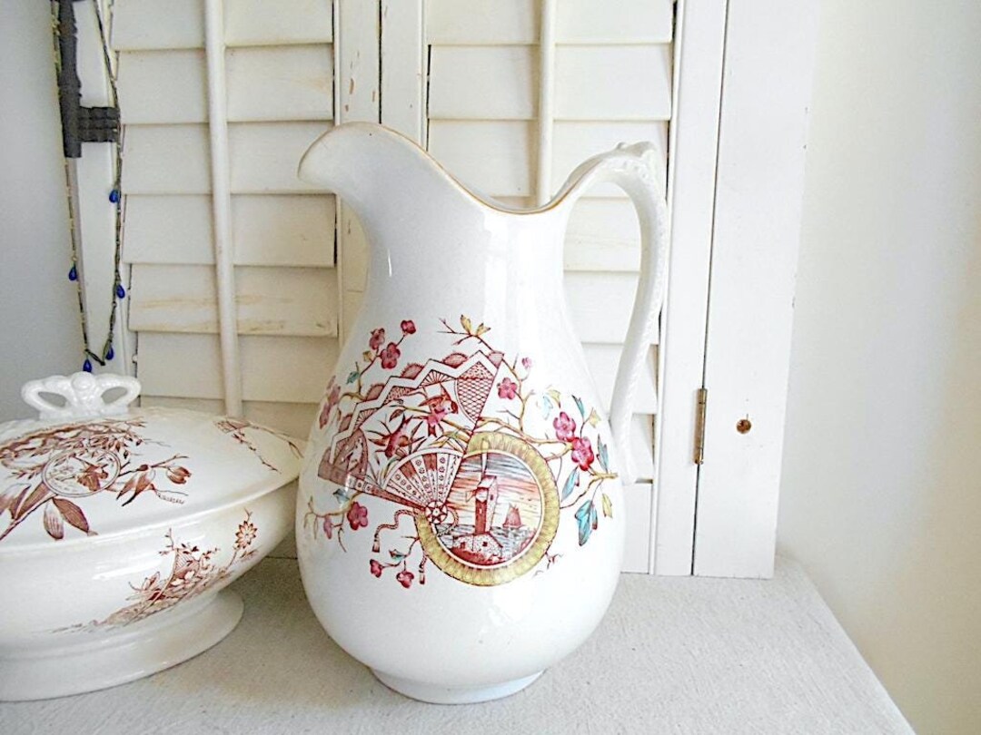 Antique Ironstone Pitcher 12 Aesthetic Movement Brown Transferware Deer ...