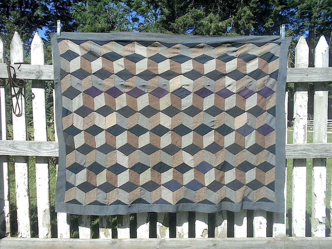 Antique Tumbling Blocks Patchwork Quilt 1920s 30s Wool Suiting Hand ...