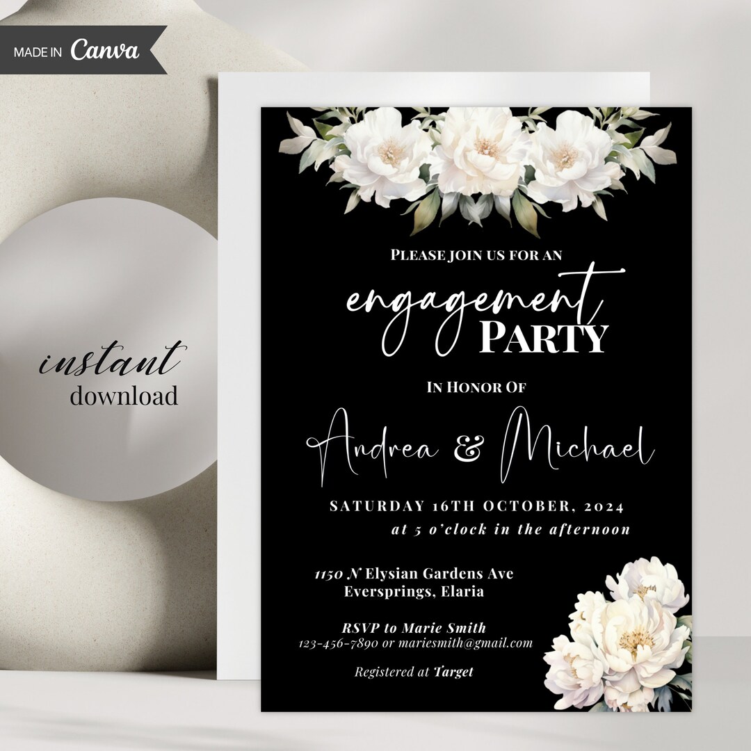 Elegant White Flower Engagement Invitation: Printable Canva Template - Etsy