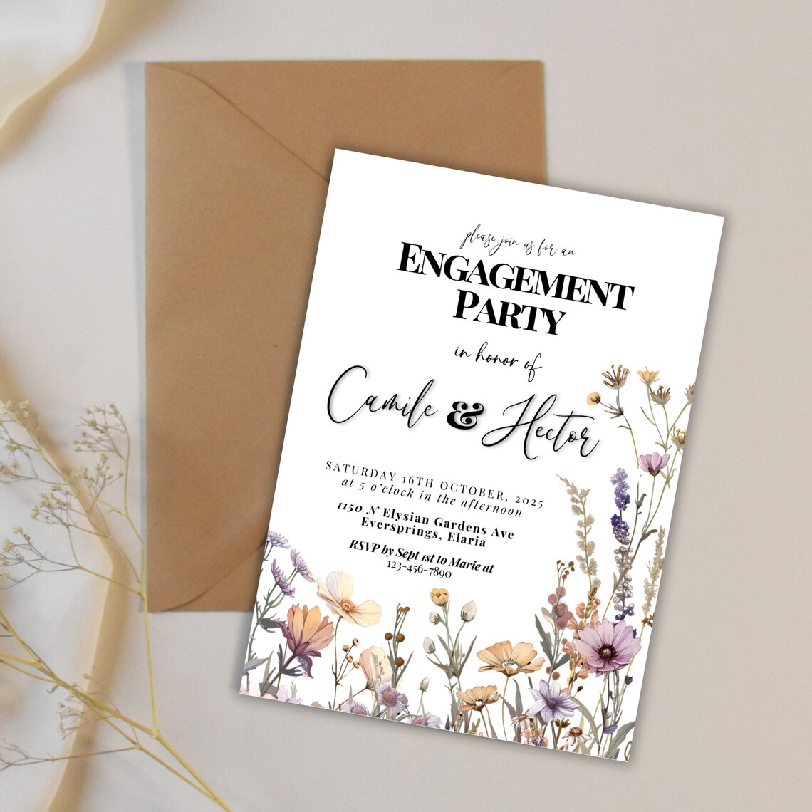 Wildflowers Engagement Invitation Template, Printable Purple Engagement ...
