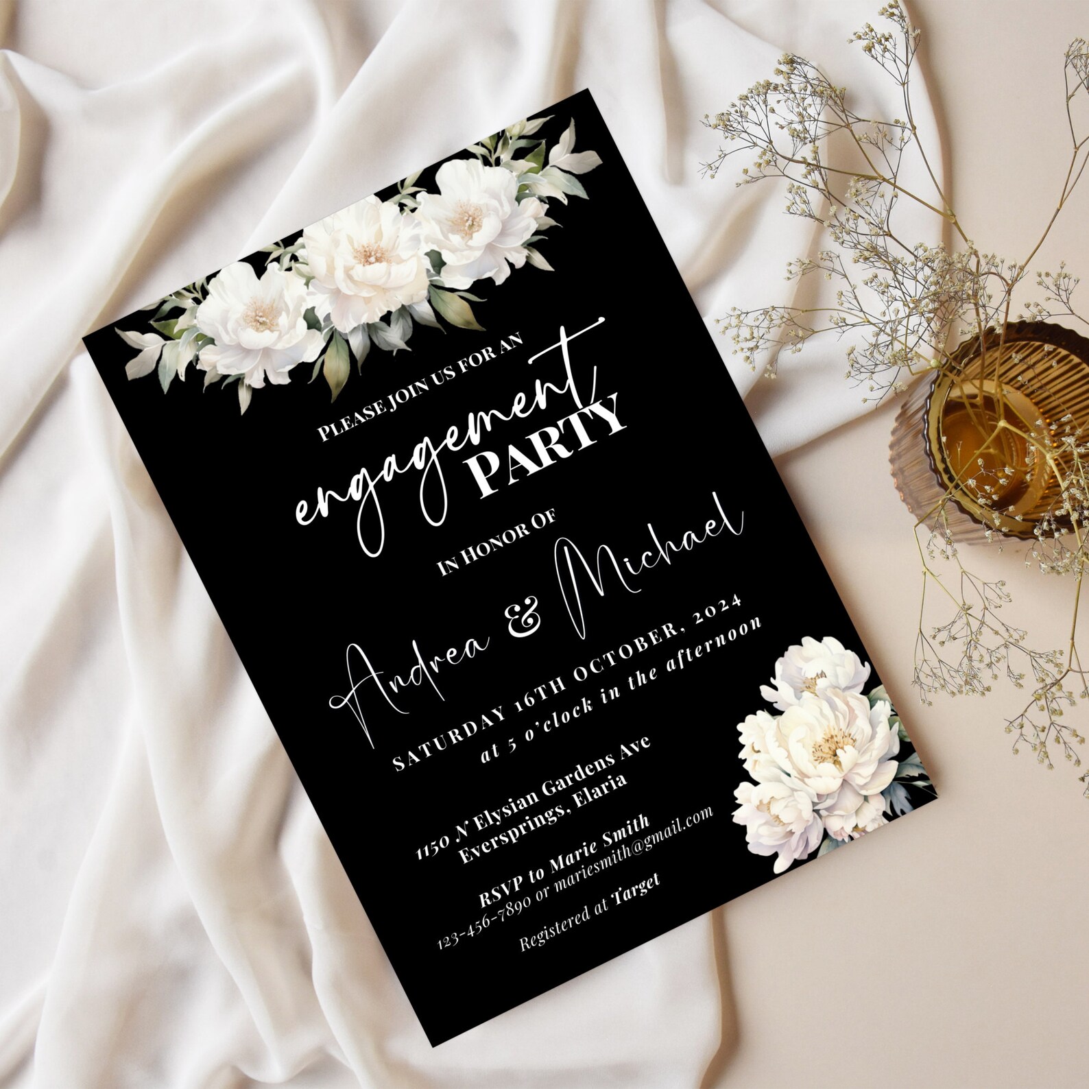 Elegant White Flower Engagement Invitation: Printable Canva Template - Etsy