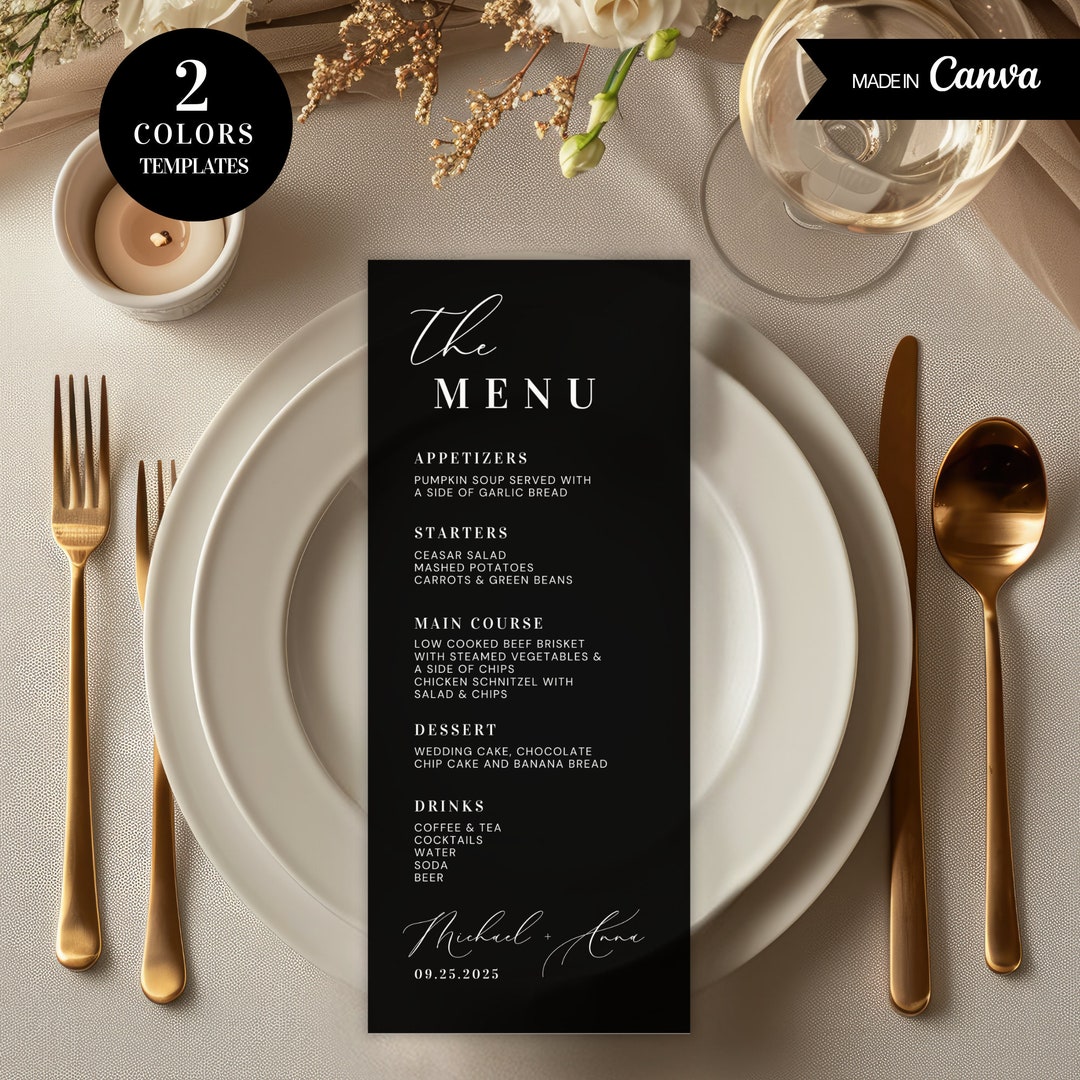 Modern Menu Card, Printable Menu Template, Wedding Menu Card, Dinner ...