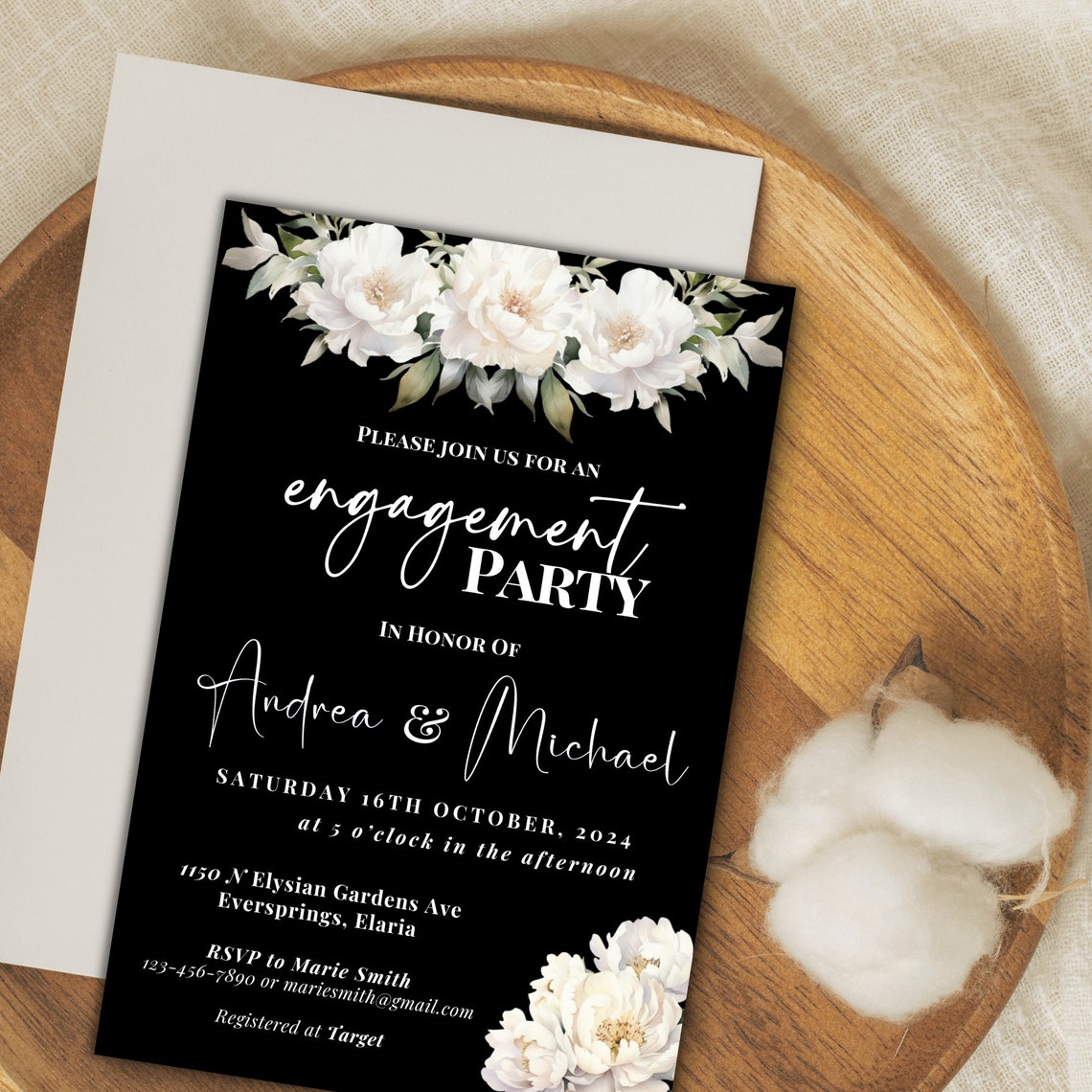 Elegant White Flower Engagement Invitation: Printable Canva Template - Etsy