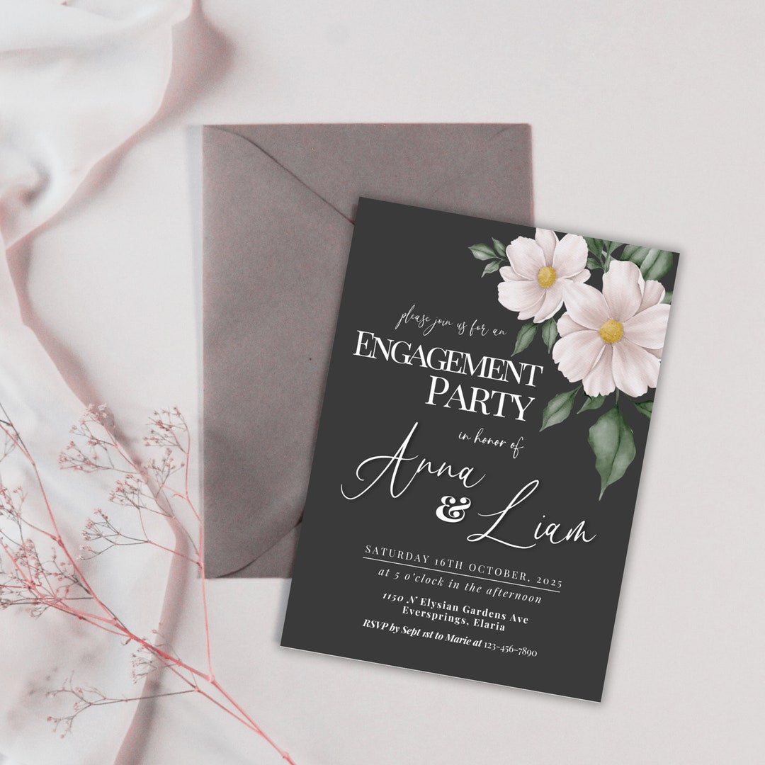 Printable White Flower Engagement Invitation Template, Black & White ...