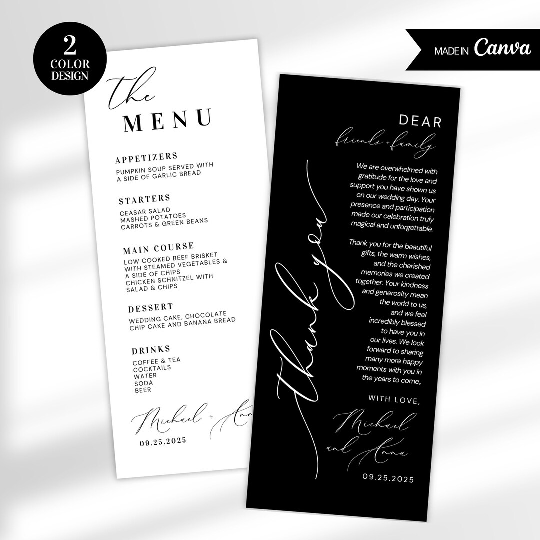 Printable Menu and Thank You Card, Modern Menu Template, Wedding Menu ...