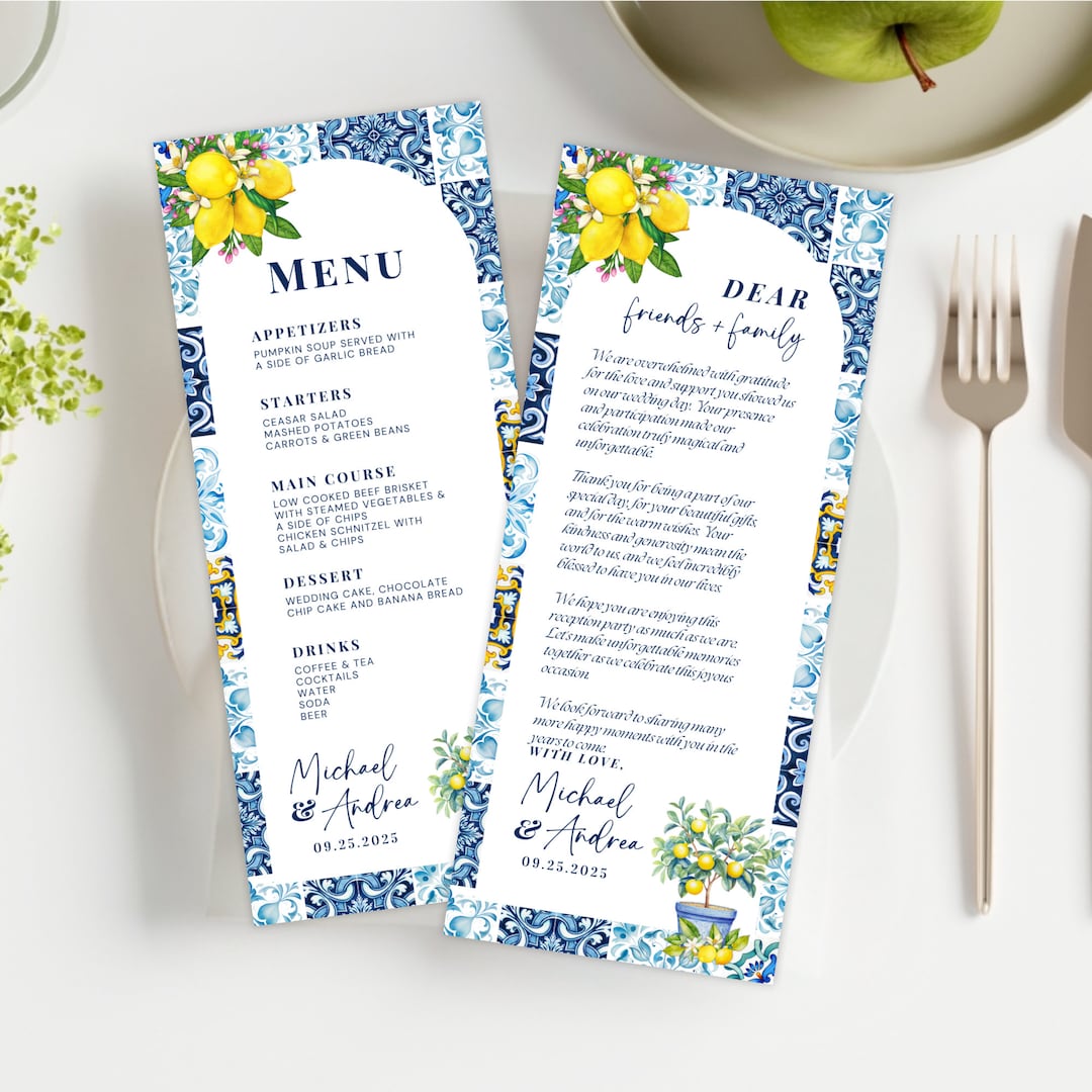 Mediterranean Wedding Menu & Thank You Card: Amalfi Coast Design (canva ...
