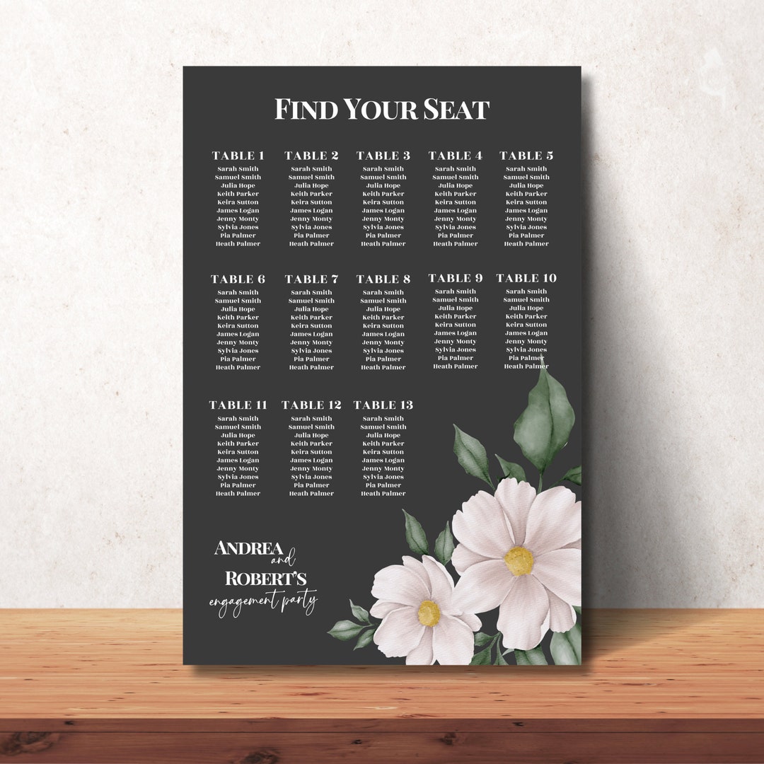 Flower Wedding Seating Chart, Black Wedding Signs, White Flower Seating ...