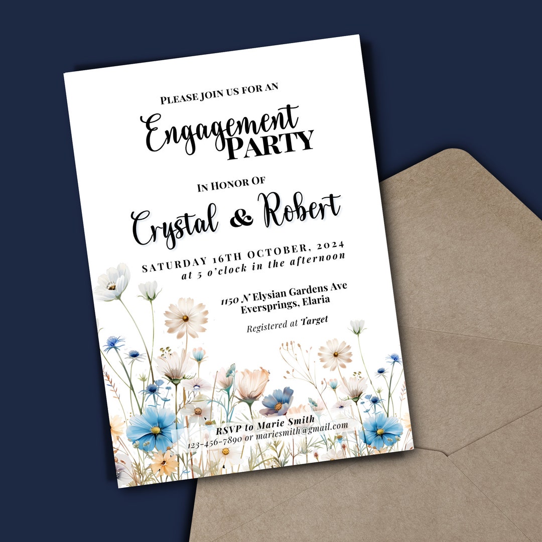 Printable Blue Wildflowers Engagement Invitation Template, Engagement ...