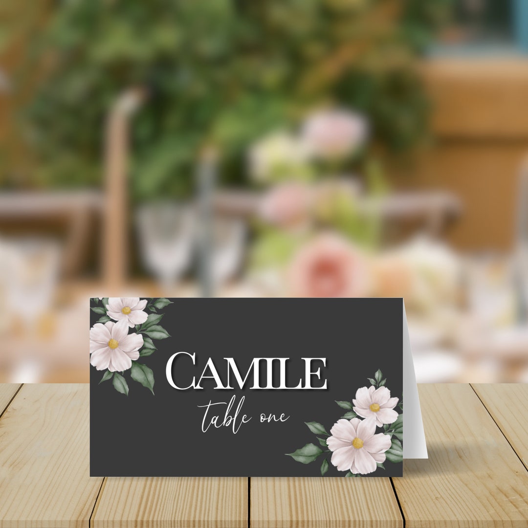 Printable White Flowers Place Card Template, Black & White Wedding ...