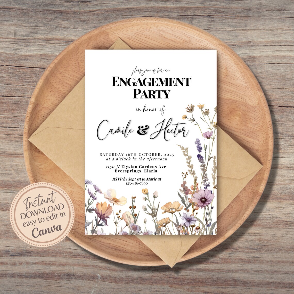 Wildflowers Engagement Invitation Template, Printable Purple Engagement ...