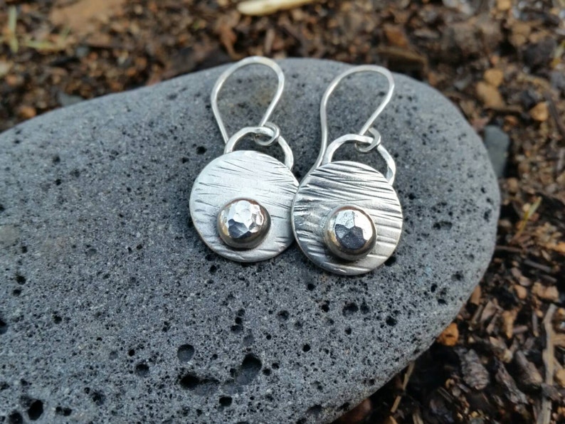 Sterling Silver Earrings Rustic Hammered Texture Disc Dangle - Etsy