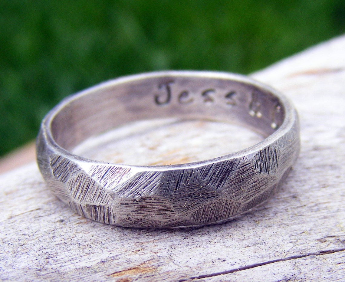 Palladium Sterling Silver Wedding Ring, Mens Textured Ring Band, Rustic ...