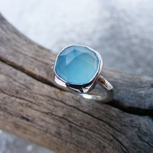 Blue Chalcedony Gemstone Sterling Silver Ring - Cushion Cut Stone ...