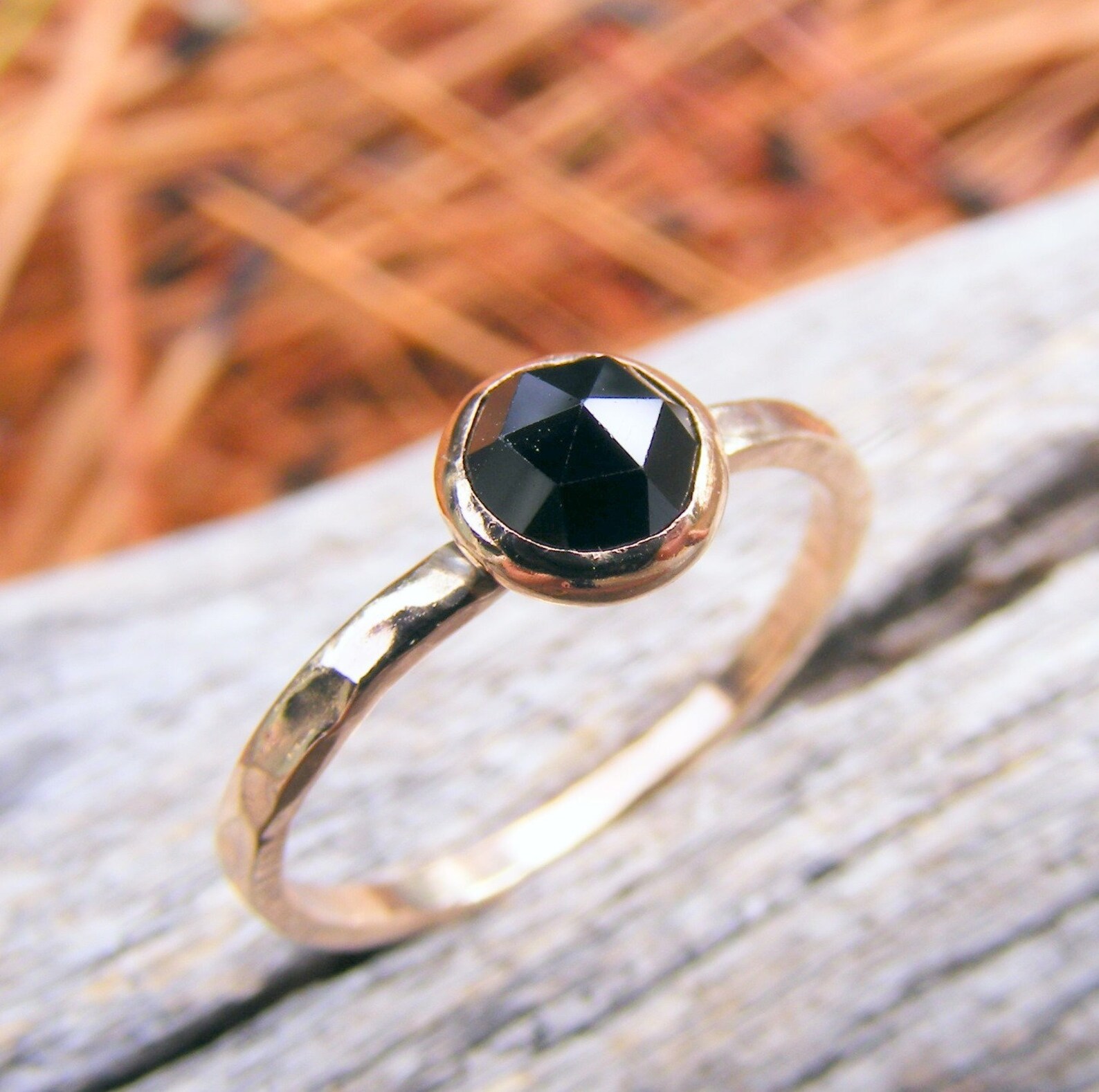 Solid Gold Stacking Ring, Melanite Garnet Rose Cut Gold Stacking Ring ...