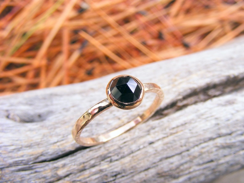 Solid Gold Stacking Ring, Melanite Garnet Rose Cut Gold Stacking Ring ...