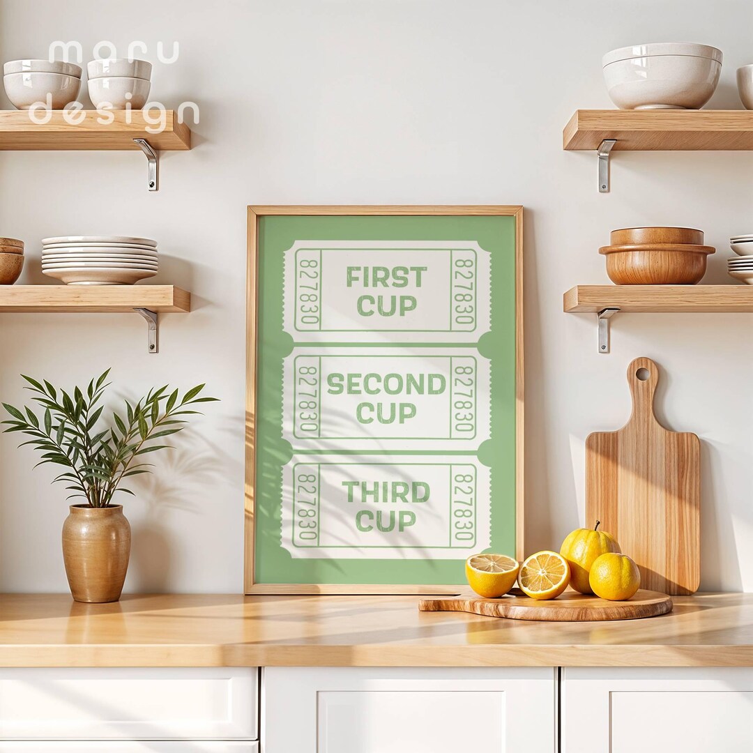 First Cup Ticket Stub Print, Sage Green Retro Kitchen Wall Art ...