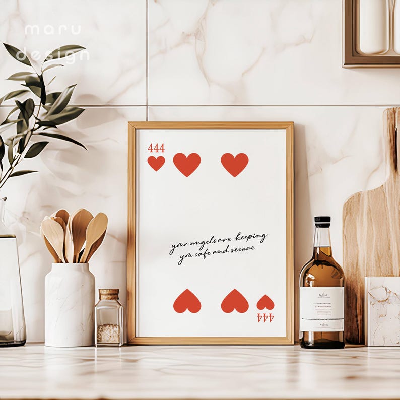 Angel Number 444 Print: Heart Playing Card, Spiritual Wall Art (digital ...