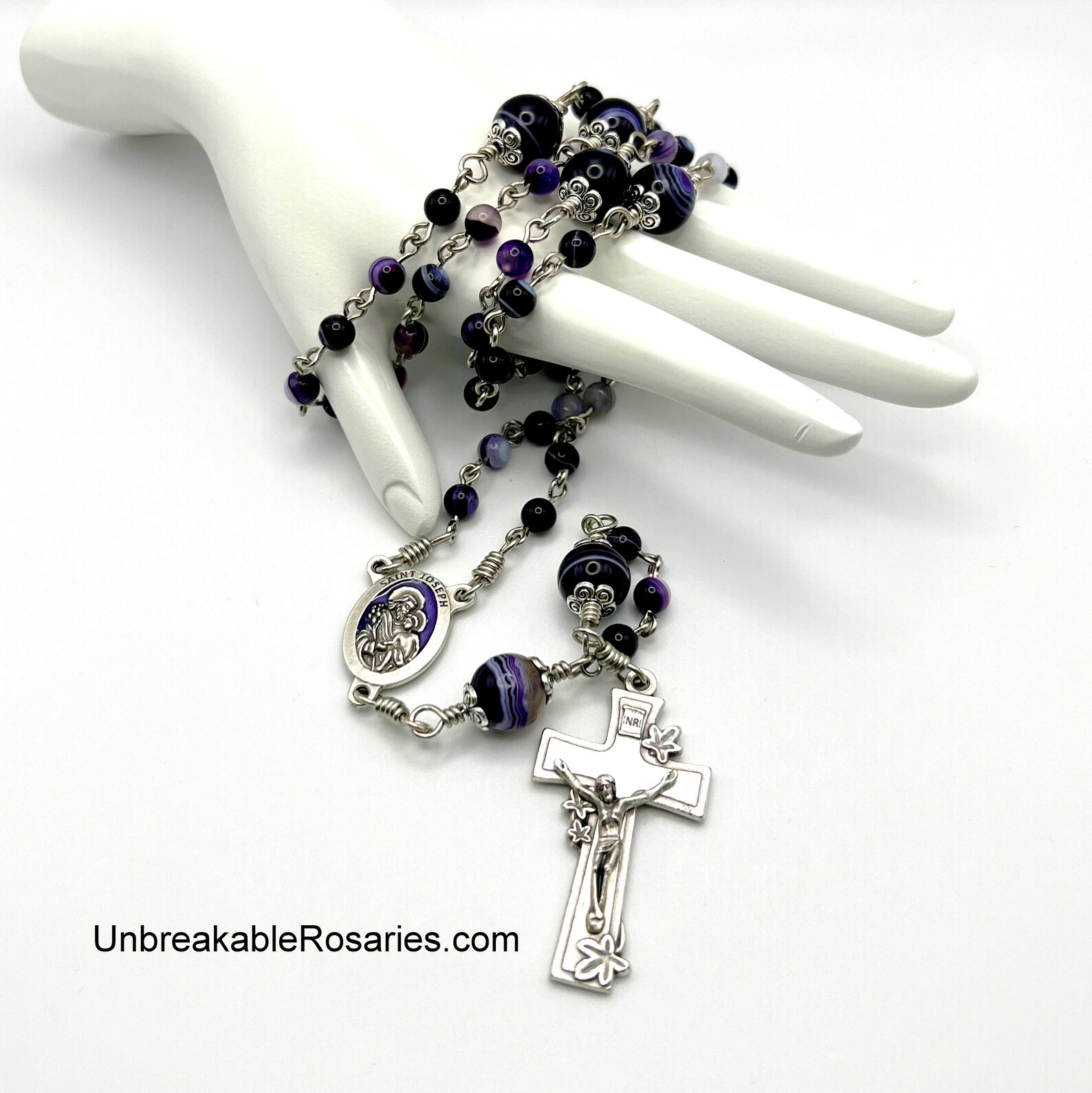 Saint Joseph Rosary Beads in Striped Purple Agate With Italian - Etsy