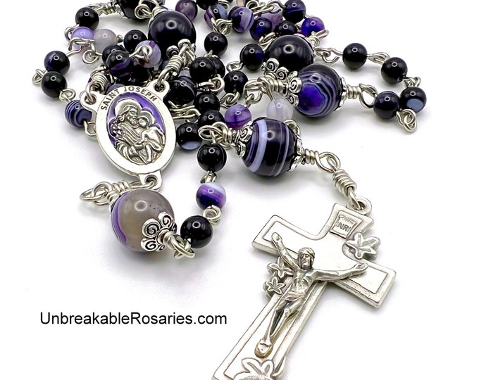 Saint Joseph Rosary Beads in Striped Purple Agate With Italian Lily ...