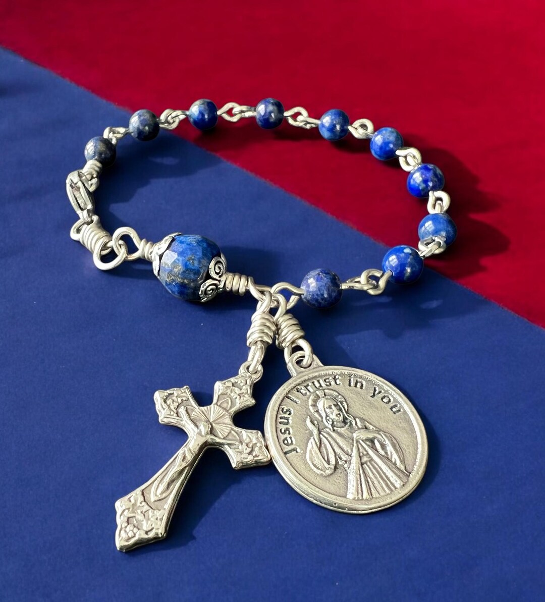 Catholic Rosary Bracelet | Divine Mercy of Jesus | Blue Lapis Lazuli ...