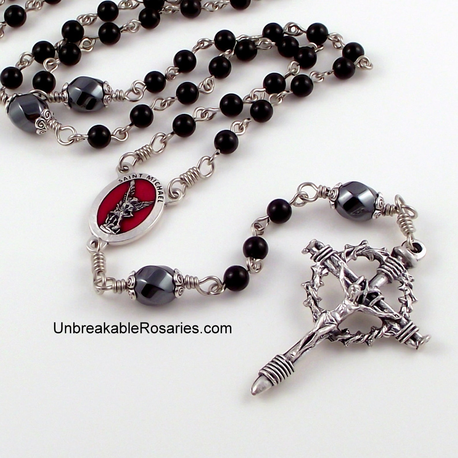 Saint Michael Rosary Beads: Black Onyx, Gray Hematite, Italian Made ...
