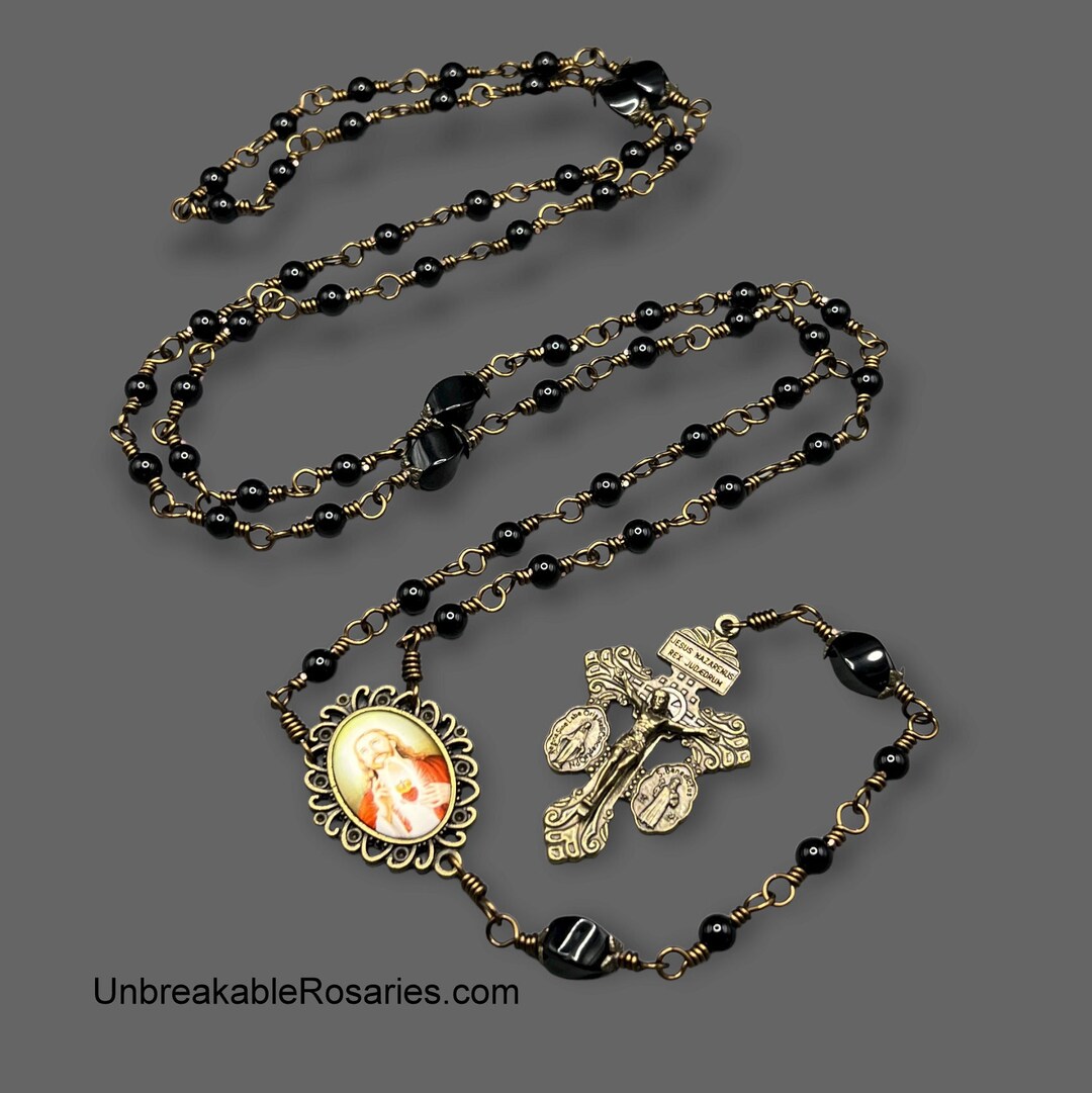 Sacred Heart of Jesus Bronze Wire Wrapped Rosary Beads in Black Onyx by ...
