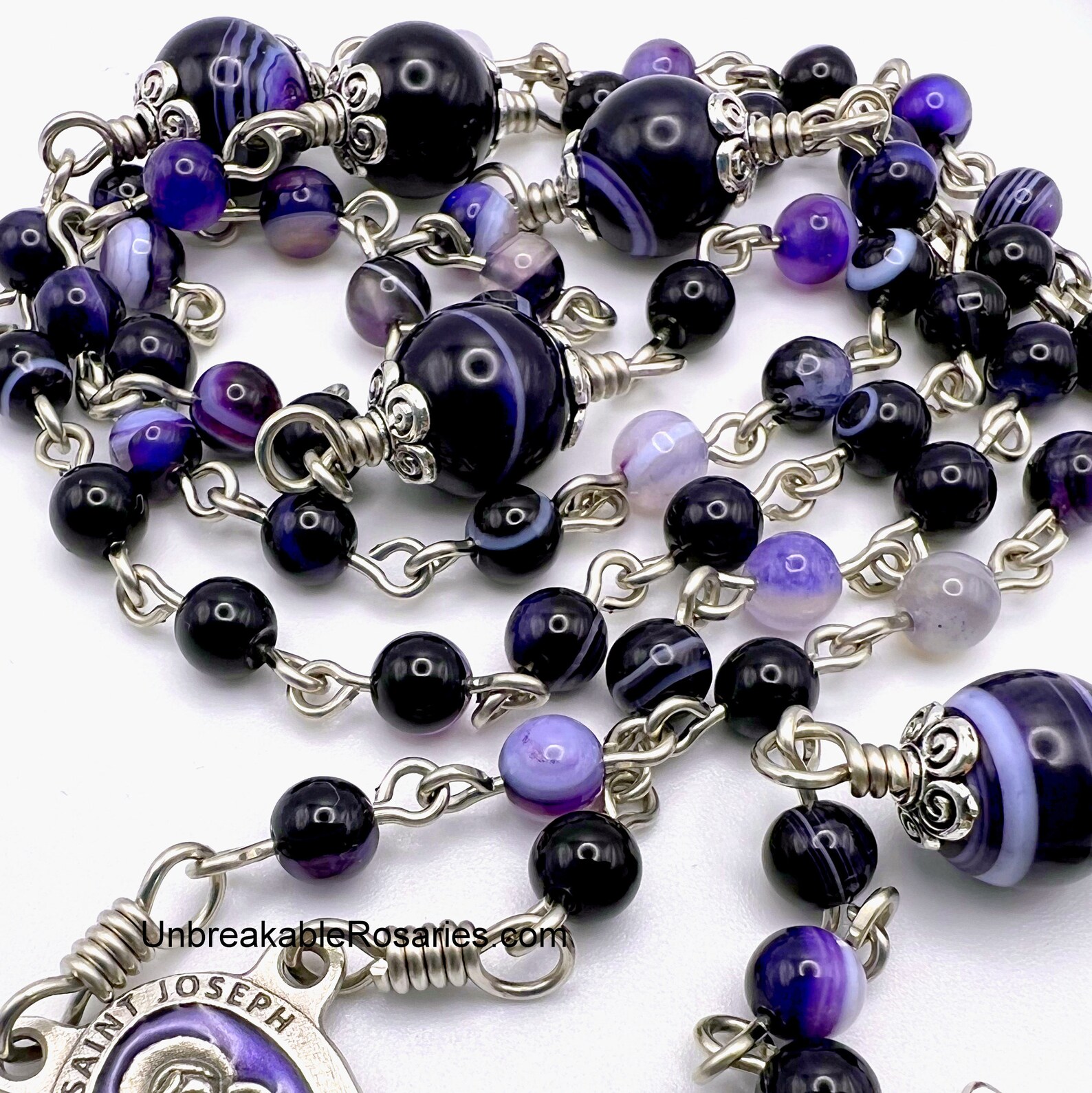 Saint Joseph Rosary Beads in Striped Purple Agate With Italian - Etsy