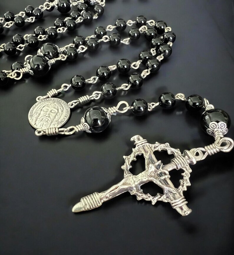 Black Onyx Unbreakable Rosary: Holy Face of Jesus, Crown of Thorns ...