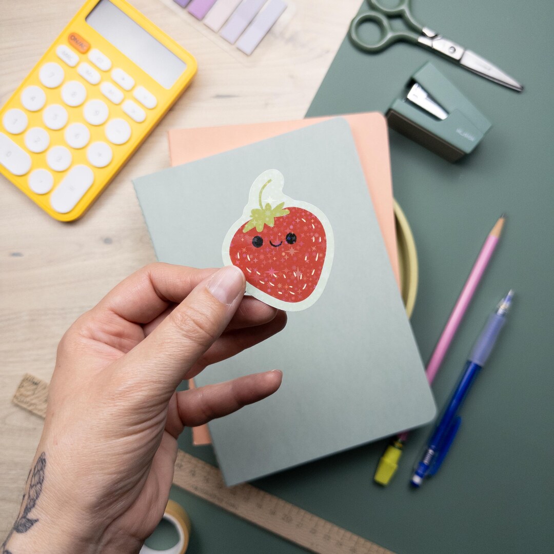 Illustrated Strawberry Vinyl Glitter Sticker: Cute and Durable Decals ...