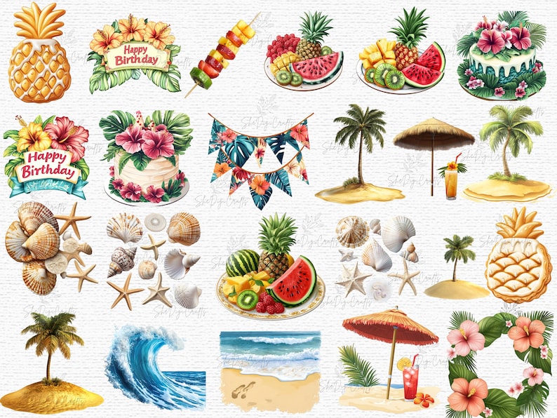 Hawaiian Luau Clipart Png Bundle Tropical Party Graphics Summer Beach ...