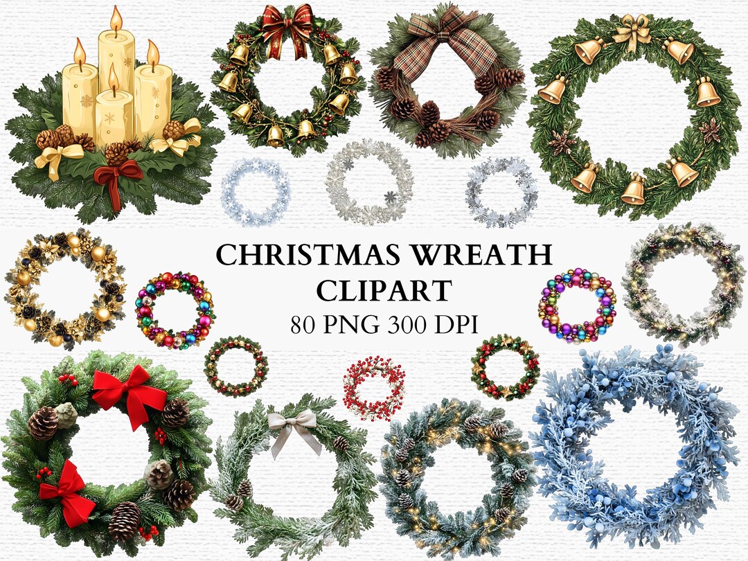 Christmas Wreath Clipart Bundle Holiday PNG Wreaths Digital Christmas ...