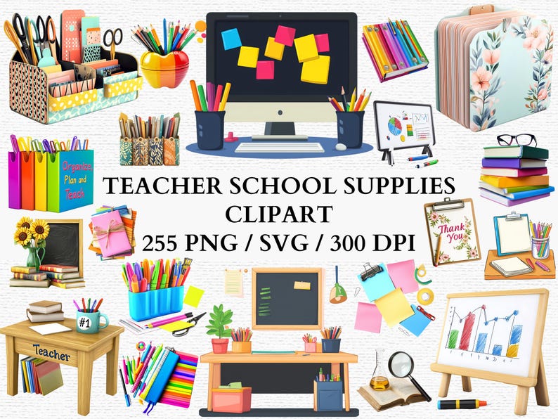 Teacher School Supplies Clipart Bundle Classroom PNG SVG Teacher ...
