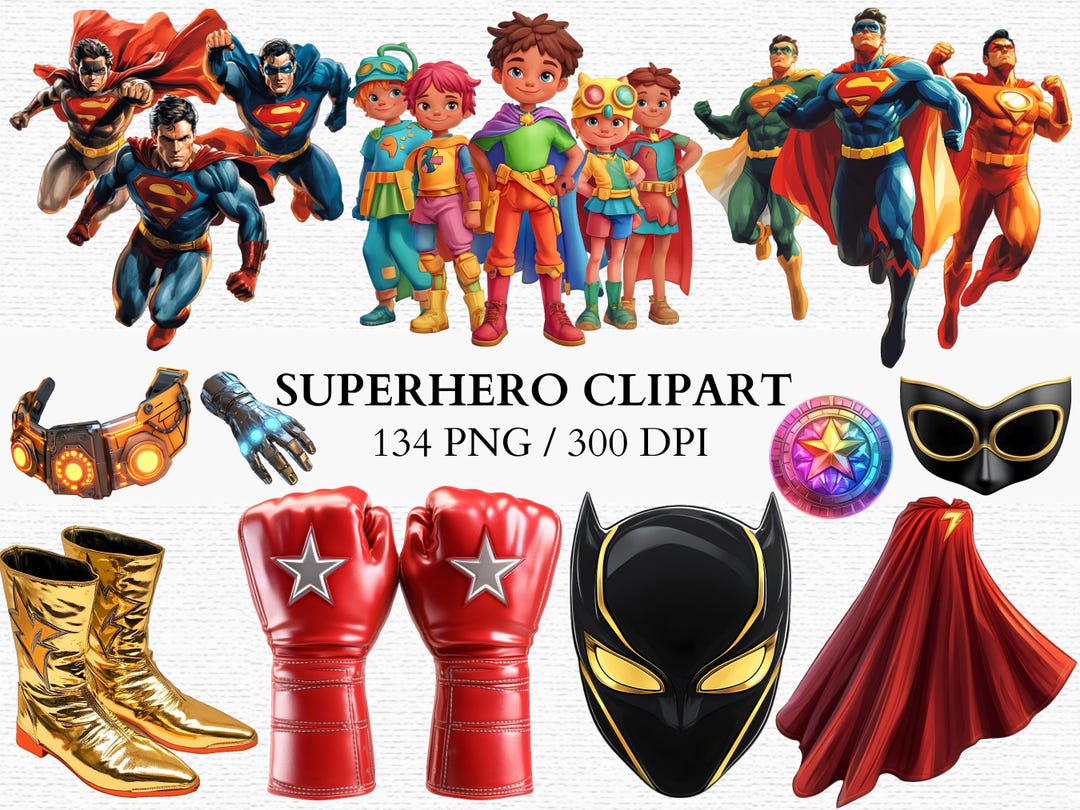 Superhero Birthday Clipart Digital PNG Designs Comic Style for Kids ...