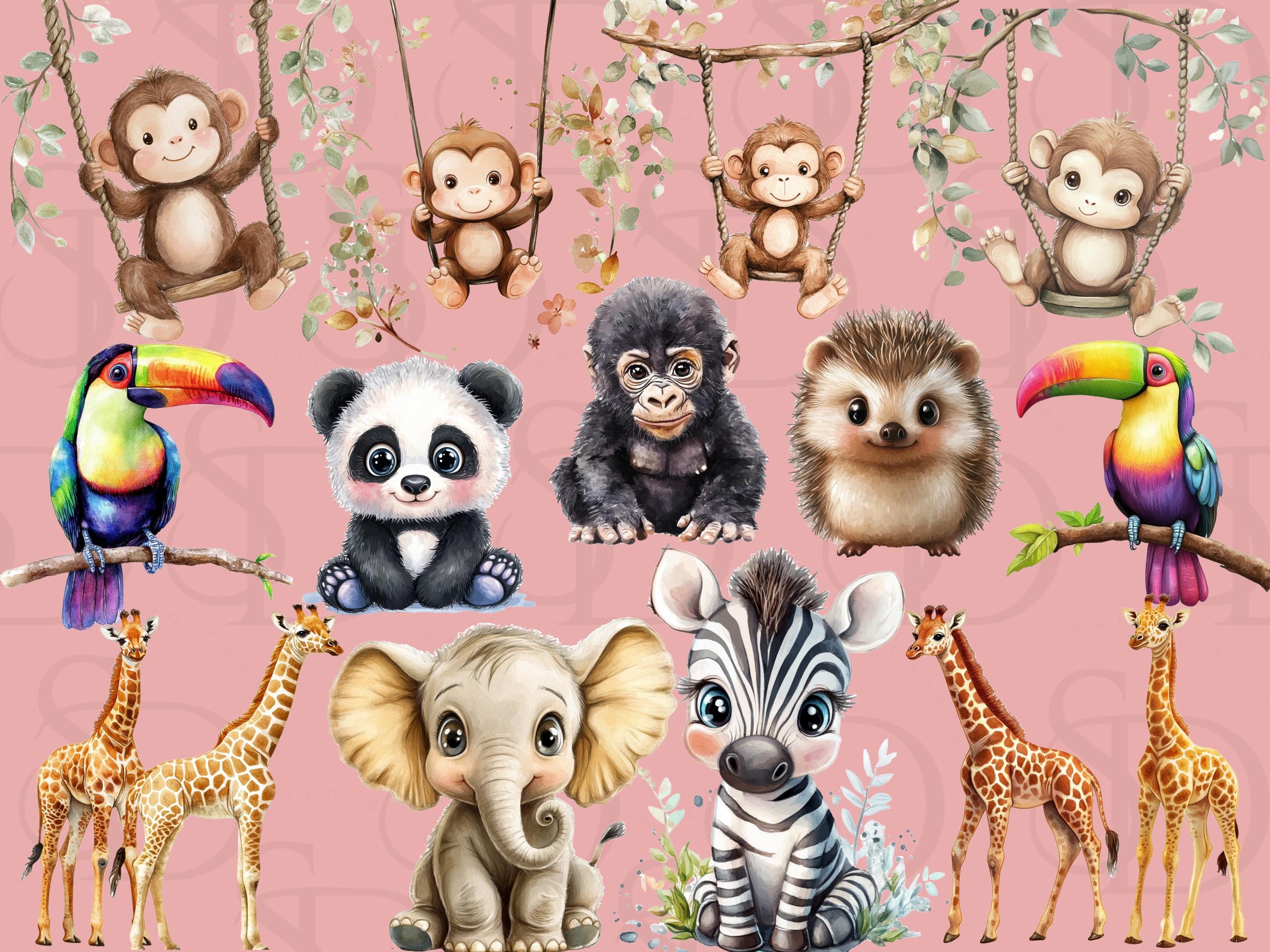 Safari Jungle Clipart Set Watercolor Jungle Animals Camp Tent Monkey ...