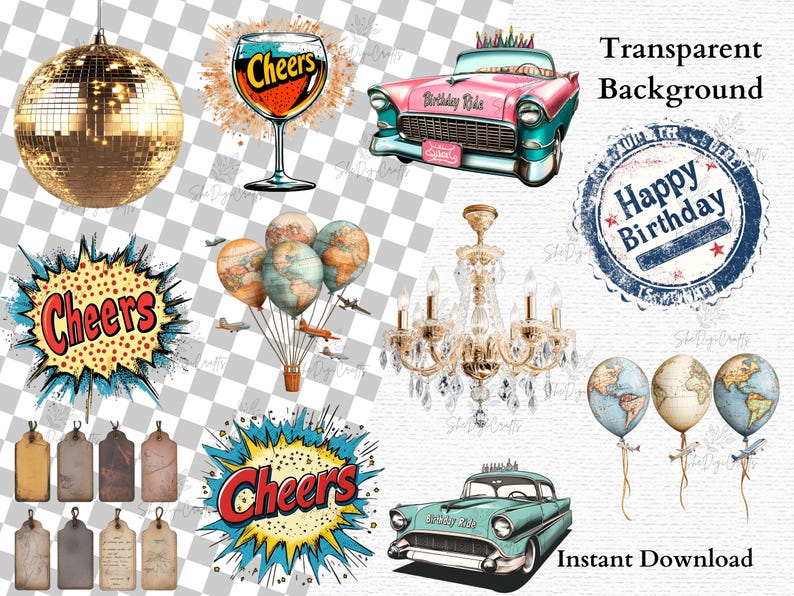 Vintage Birthday Clipart Bundle Retro Party Hats Hot Air Balloons ...