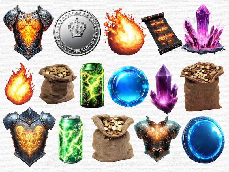 Fantasy Power Ups Clipart Bundle RPG Icons Gems Potions Coins Stars ...