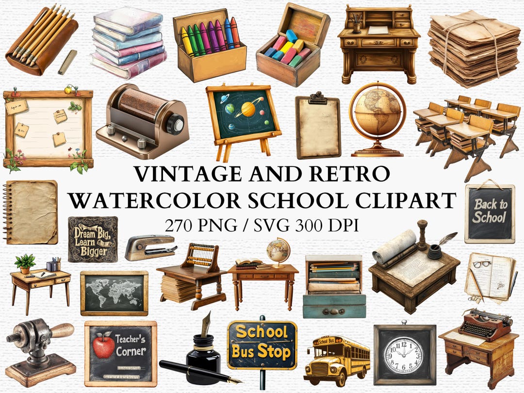 Vintage School Clipart Bundle Retro Classroom Decor Watercolor Desk ...