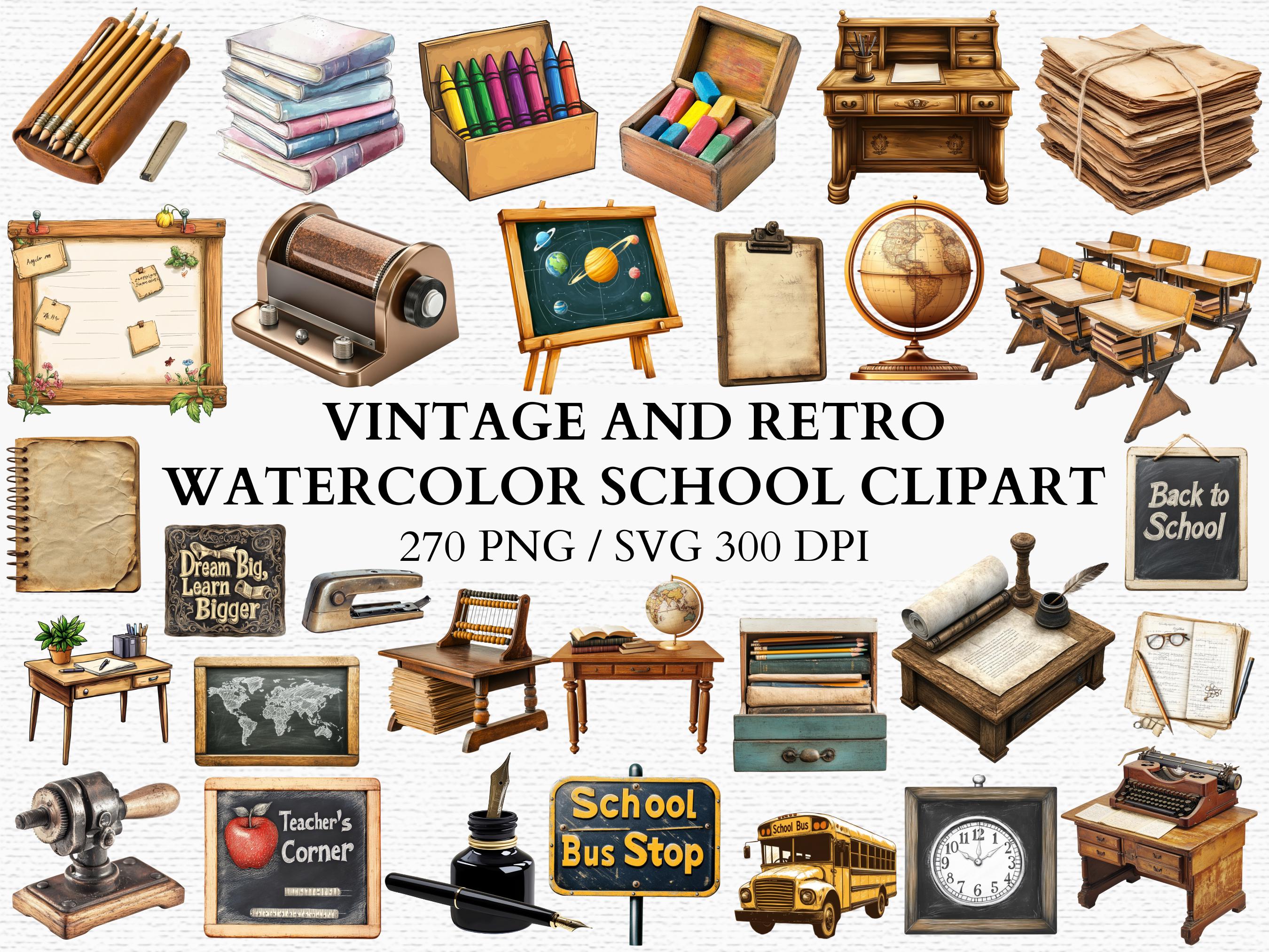 Vintage School Clipart Bundle Retro Classroom Decor Watercolor Desk ...