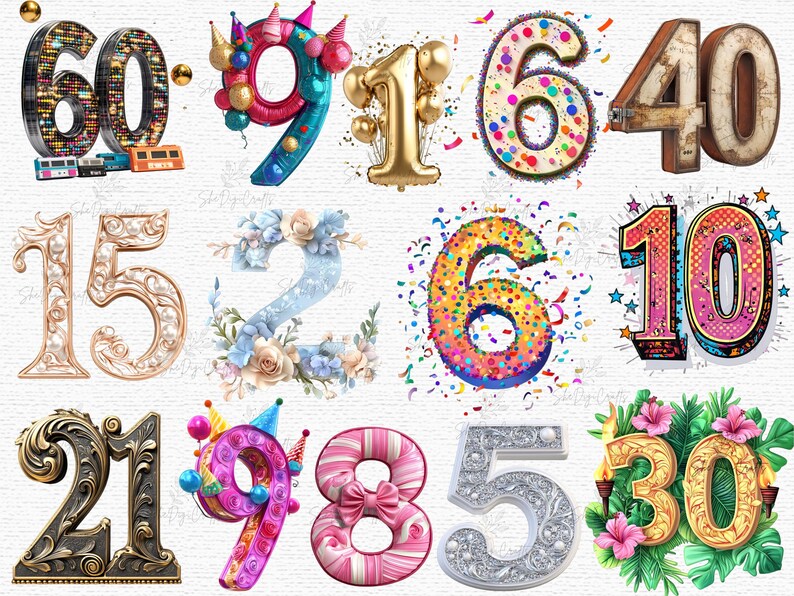 Floral Birthday Number Clipart Bundle Roses Numbers Milestone Birthday ...
