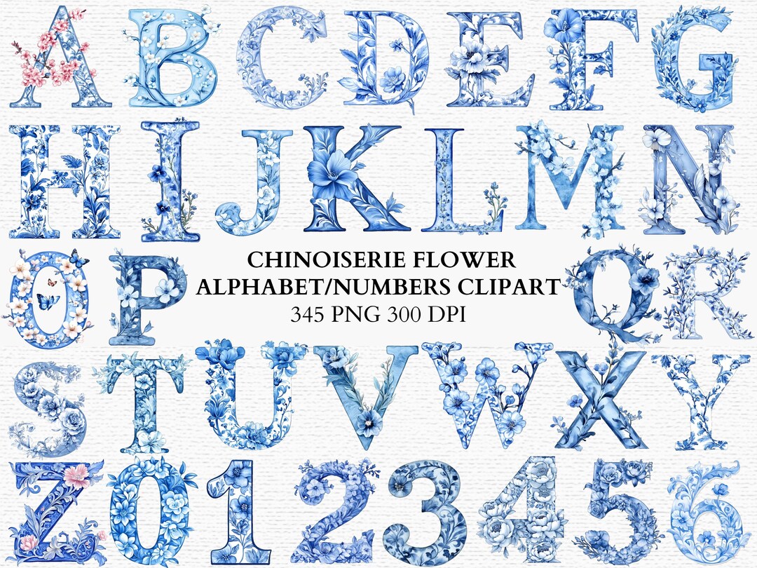 Chinoiserie Alphabet Clipart PNG Floral Blue Letter Number Set Vintage ...