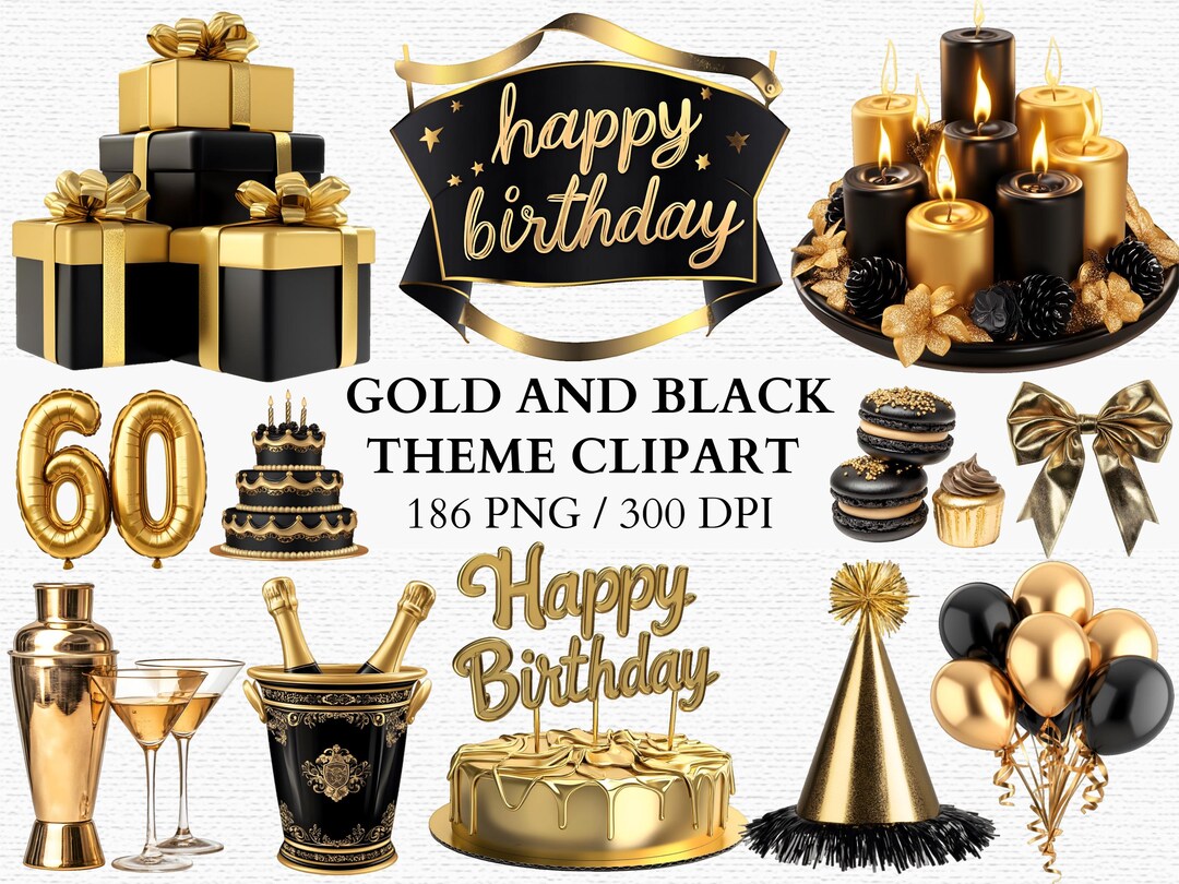 Luxury Black and Gold Birthday PNG Clipart Set With Sophisticated Decor ...