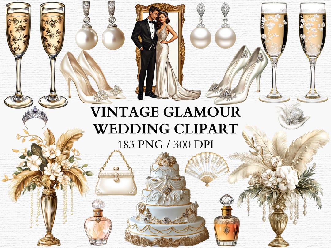 Vintage Glamour Wedding Clipart Bundle PNG Luxury Bridal Scrapbooking ...