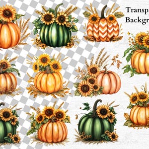 100 Autumn Pumpkin With Sunflower Clipart Set Watercolor Pumpkins ...