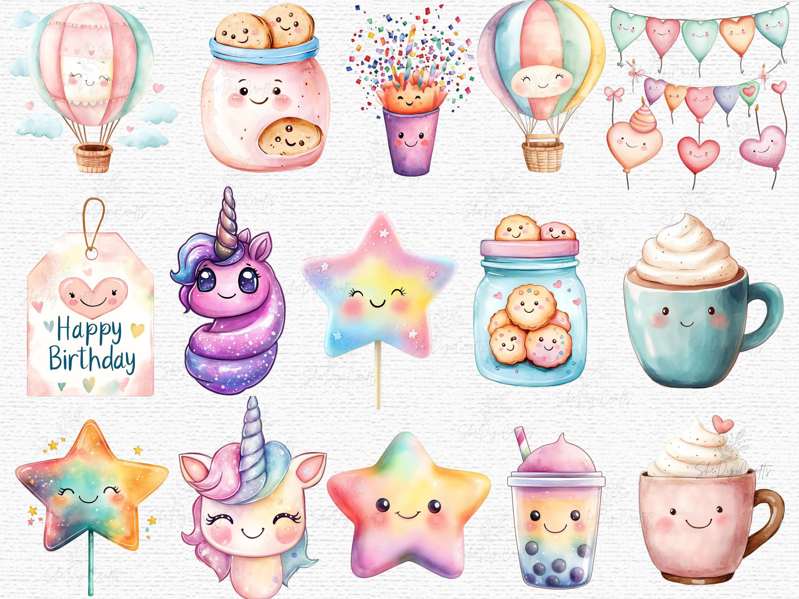 Kawaii Birthday Clipart Bundle Cute Dessert Png Pastel Chibi Cupcakes ...