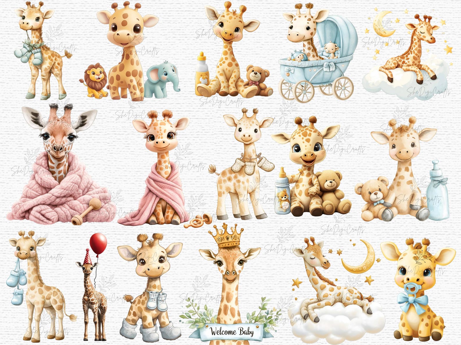 Cute Baby Giraffe PNG Clipart Bundle Baby Shower Girl Decorations ...
